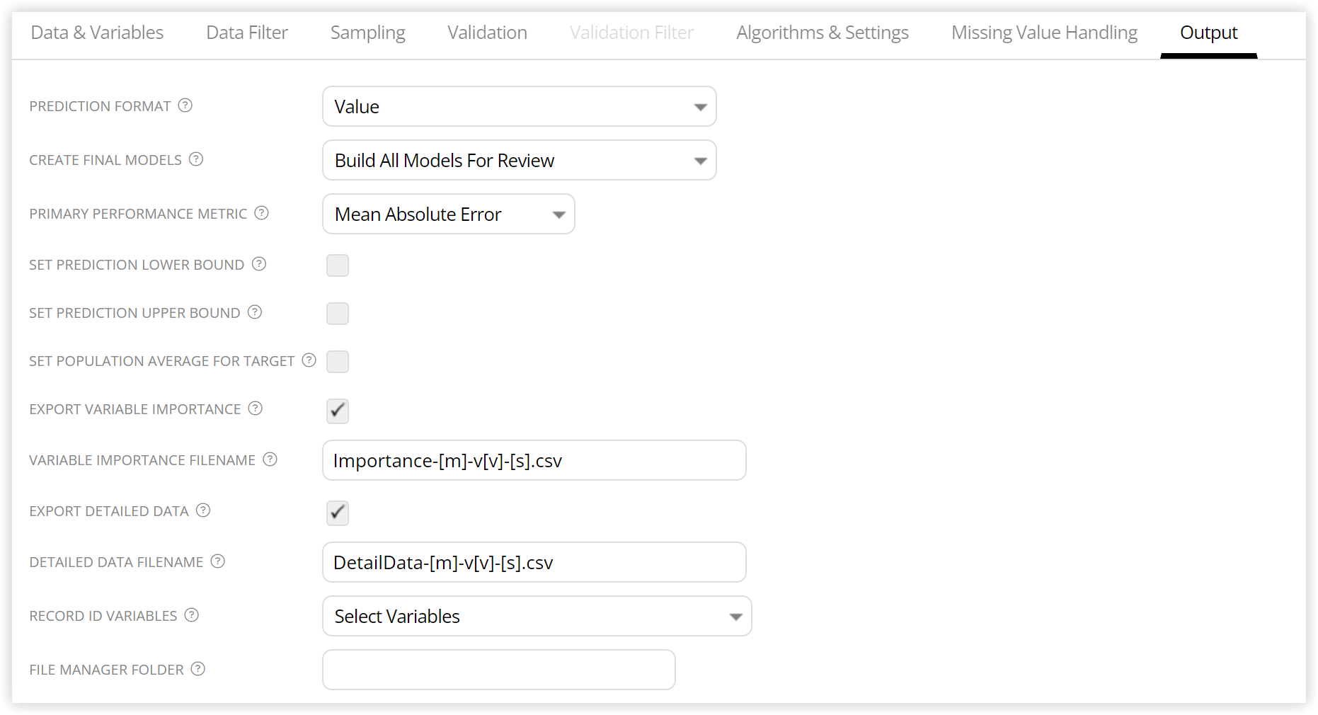 Model Settings: Output
